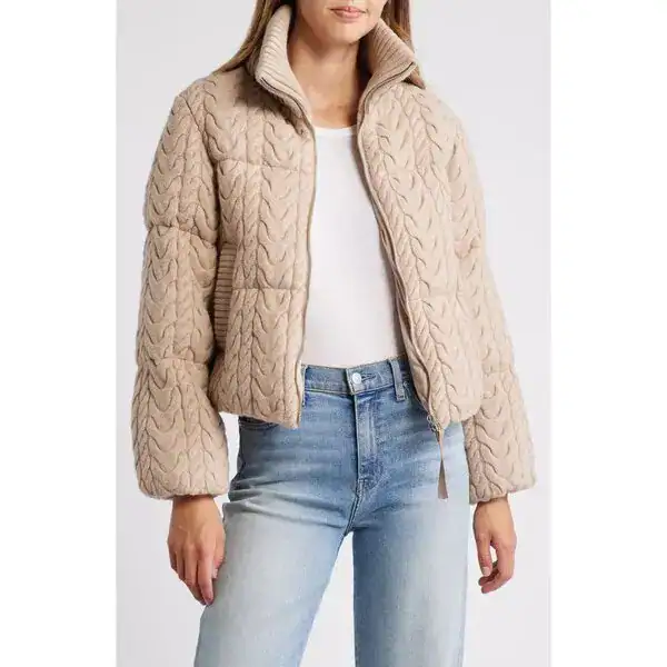 Varley Reggie Cable Knit Puffer Jacket In Light Taupe - 60% Off